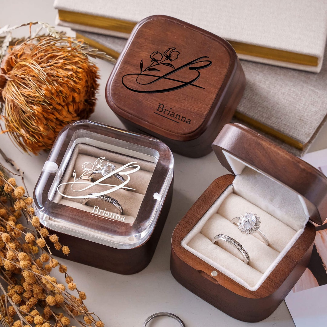 Engraved Wedding, Engagement Ring Box , Square Acrylic Lid Wooden Ring ...