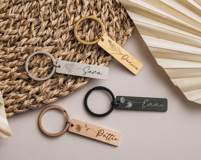 Personalized Birth Flower Metal Keychain, Mothers Day Gift, Custom Name ...