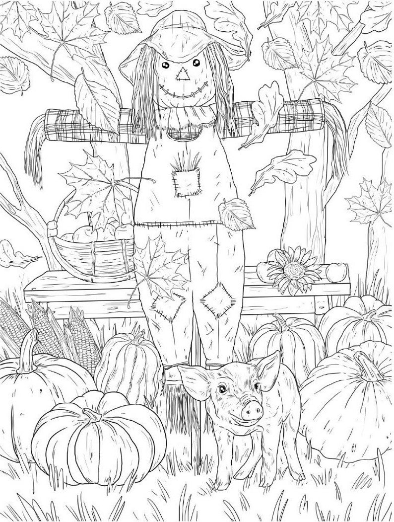 25 Printable Coloring Pages With Sunflowers, Scarecrow, Turkey, Oak ...