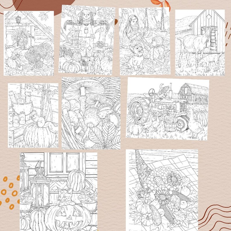 25 Printable Coloring Pages With Sunflowers, Scarecrow, Turkey, Oak ...