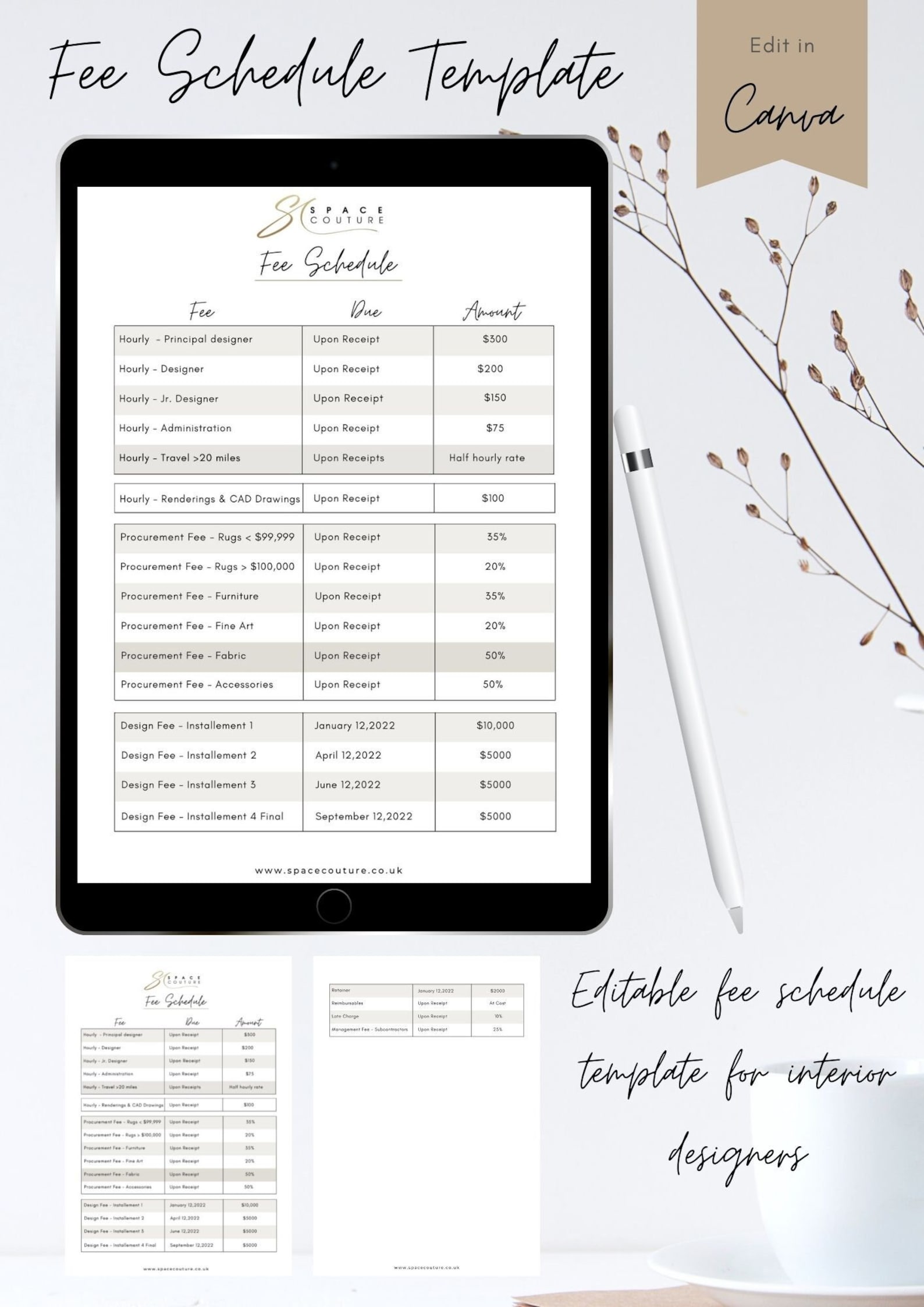Fee Schedule Template/editable Template/interior Design/schedule ...