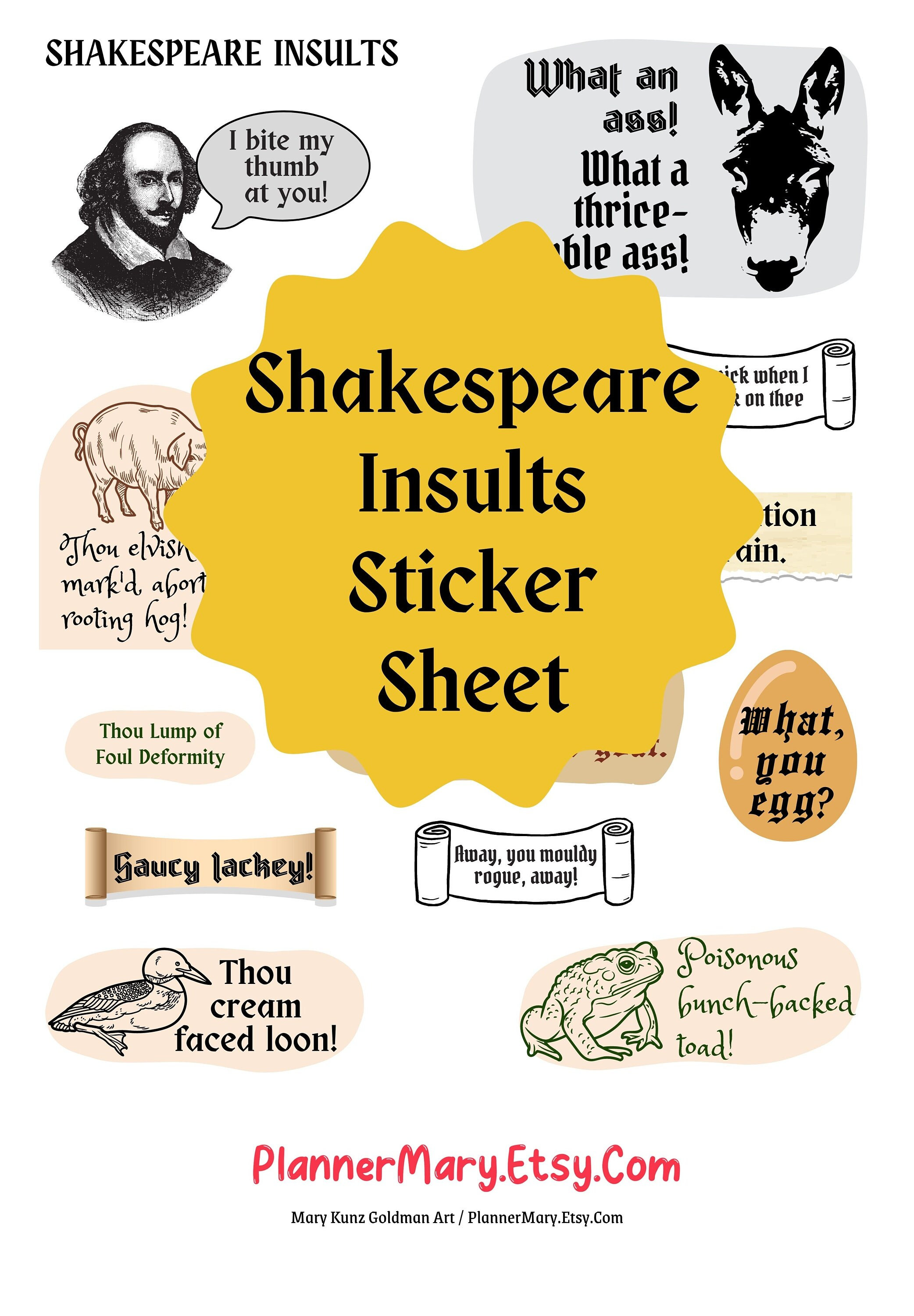 Shakespeare Insults Sticker Sheet: Indoor-outdoor Vinyl Funny Dark ...
