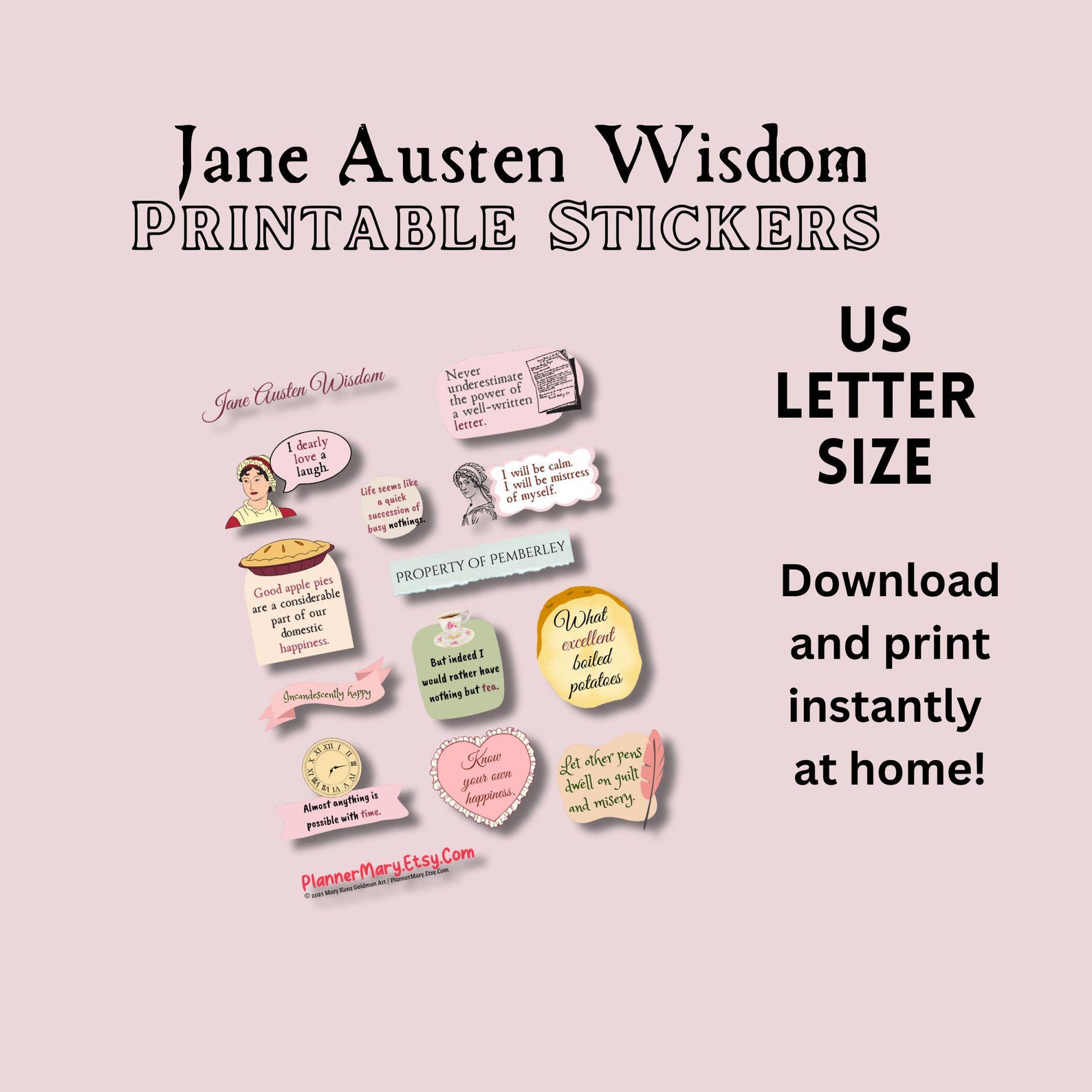 Jane Austen Sticker Sheet: Pride & Prejudice Quotes (printable Stickers ...