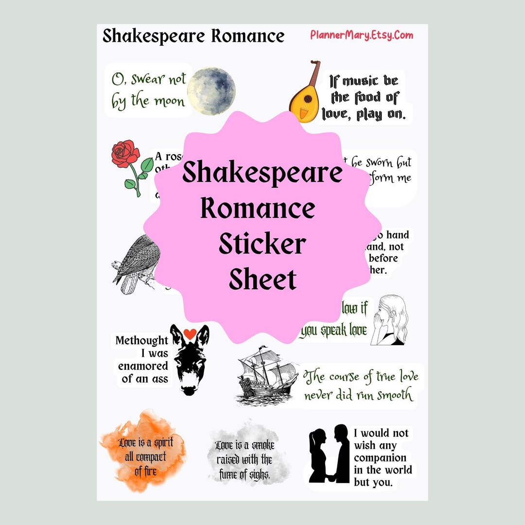 Shakespeare Sticker Sheet: Cute Romantic Literary Planner Stickers ...