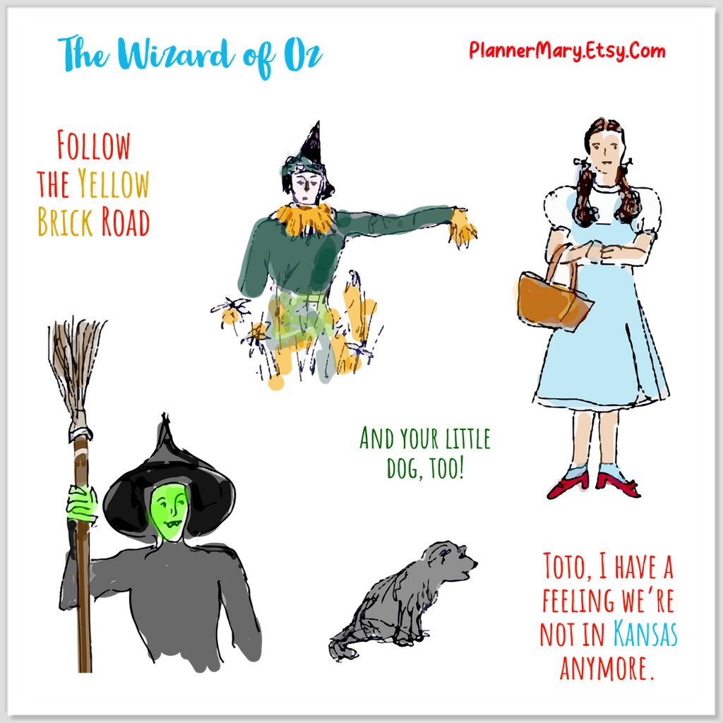 Wizard of Oz Sticker Pack, Hand-drawn Illustrations, Scarecrow Dorothy ...