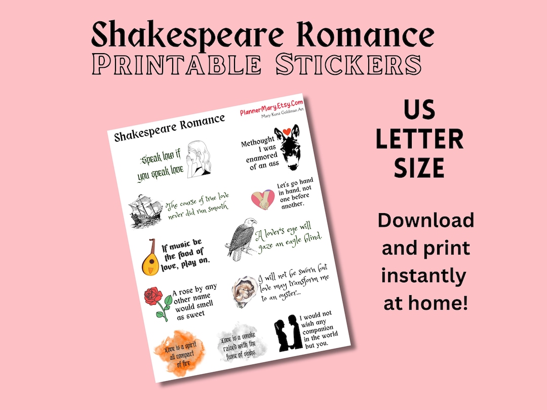 Shakespeare Romance Sticker Sheet: Printable Stickers US Letter Size ...