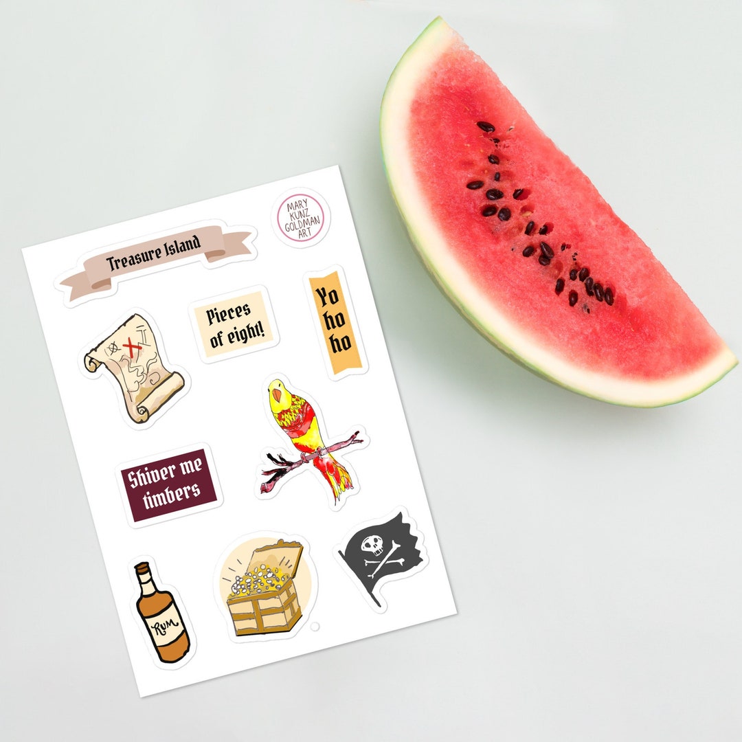 Treasure Island Sticker Sheet: Hand-drawn Pirate Flag Treasure Chest ...