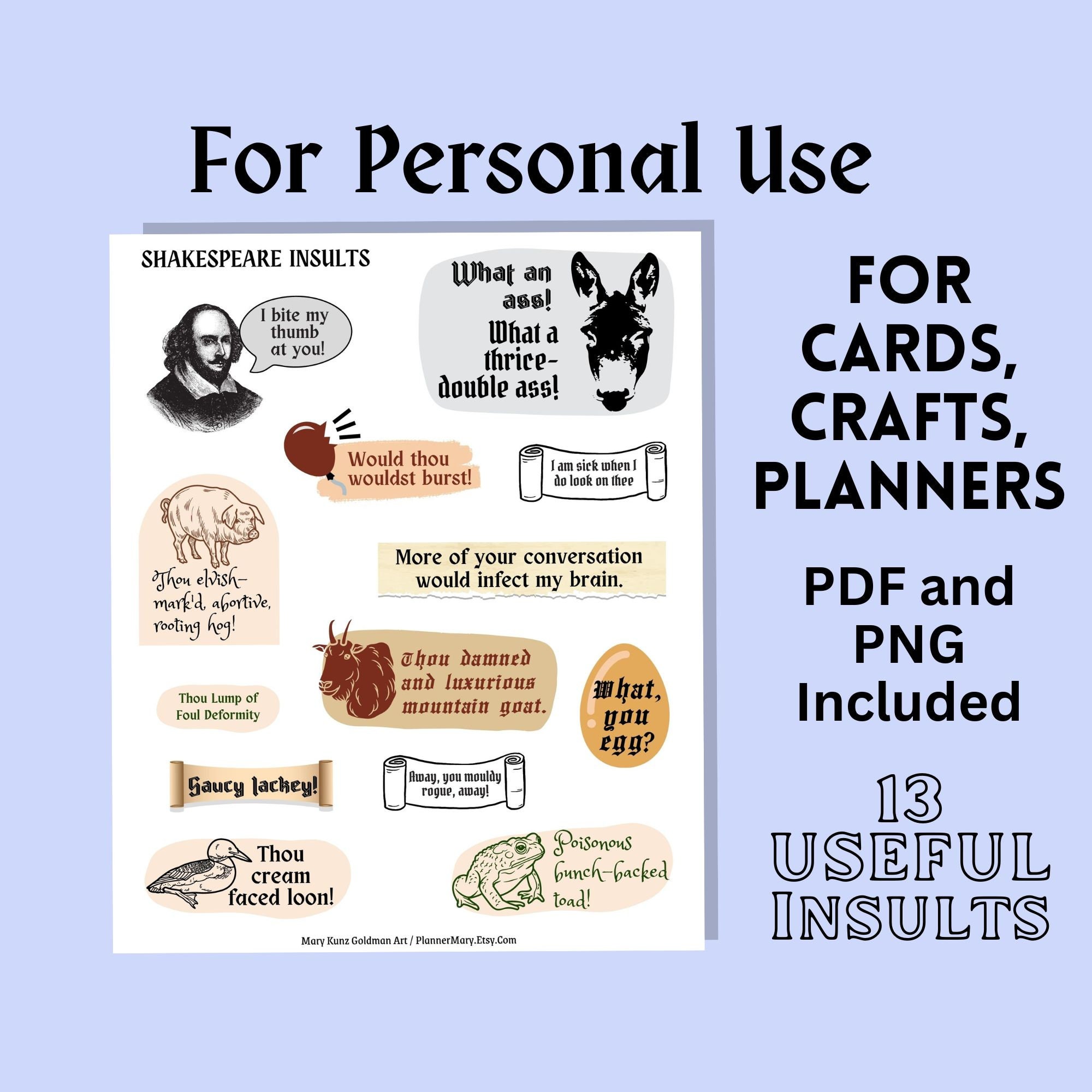 Shakespeare Insult Sticker Sheet: Printable Stickers US Letter Size ...