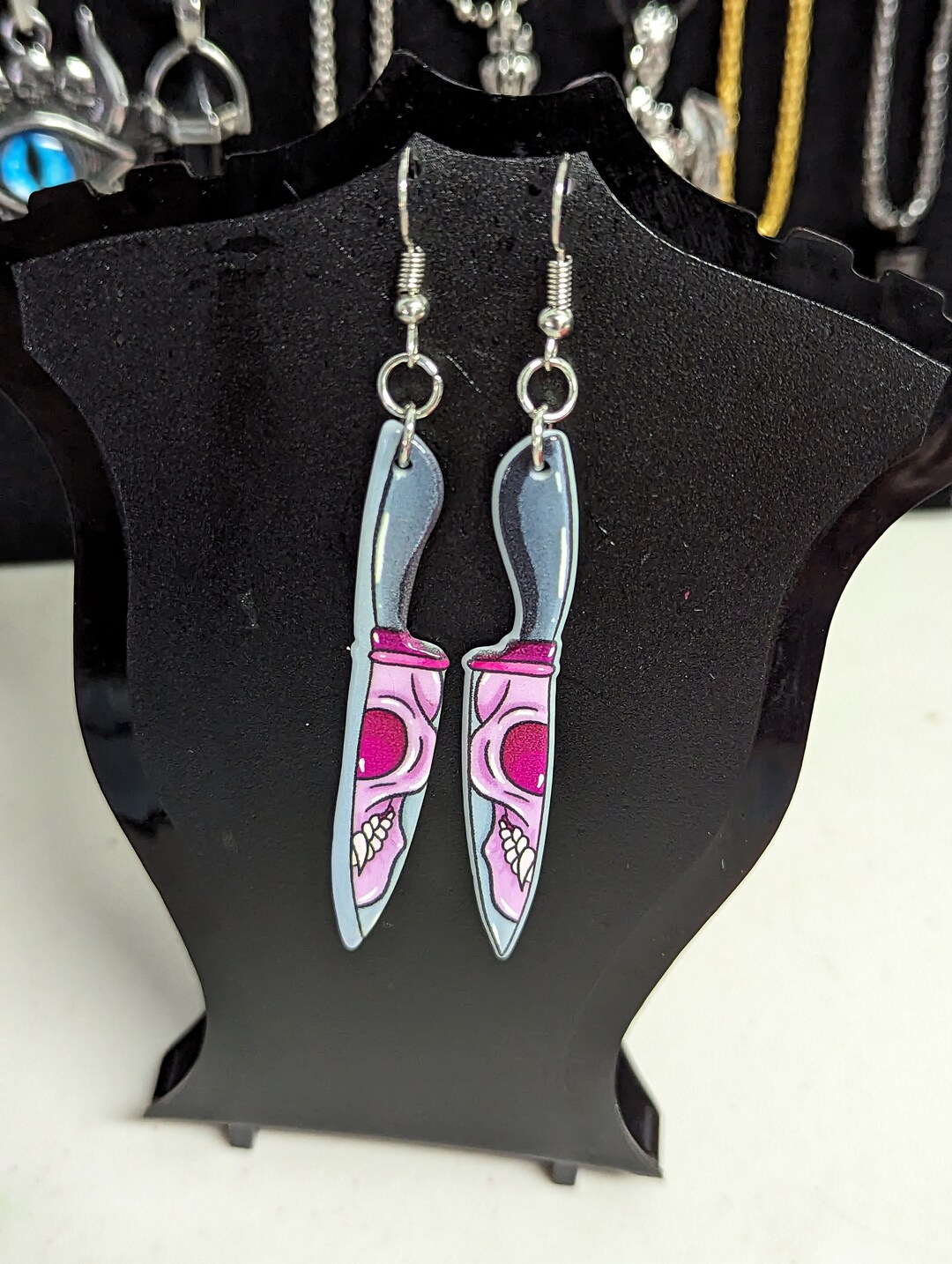 Grey on Pink Skull Butcher Style Halloween Dangling Earring Set - Etsy