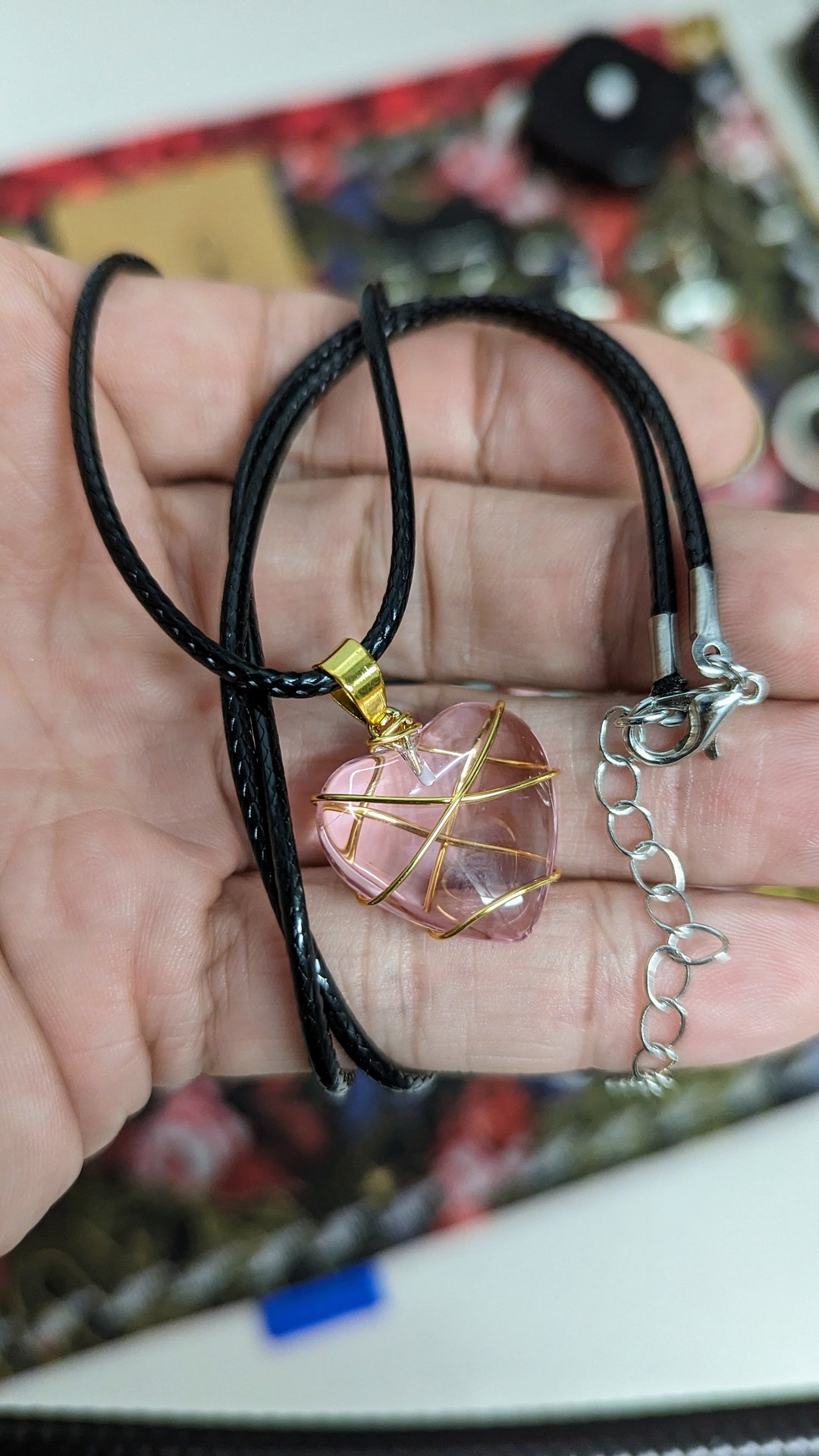 Gold Toned Wire Wrapped Pink Crystal Heart Pendant W/ 24 Black Waxed ...