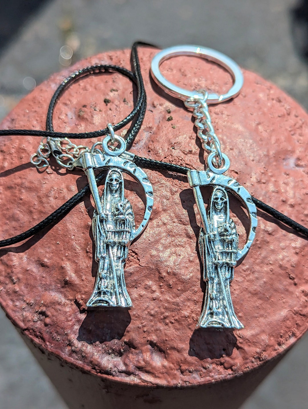 2 PC Santa Muerte Pendant W/ Cotton Cord Necklace & Matching Stainless ...