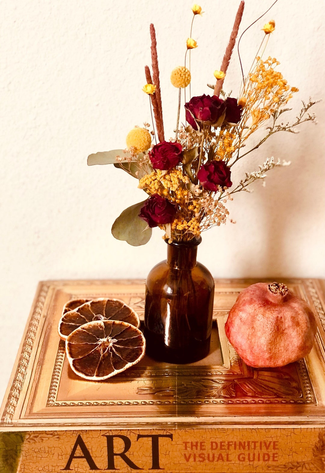 Dried Flowers Fall Arrangement Amber Vase Decor, Home Decoration, Desk ...