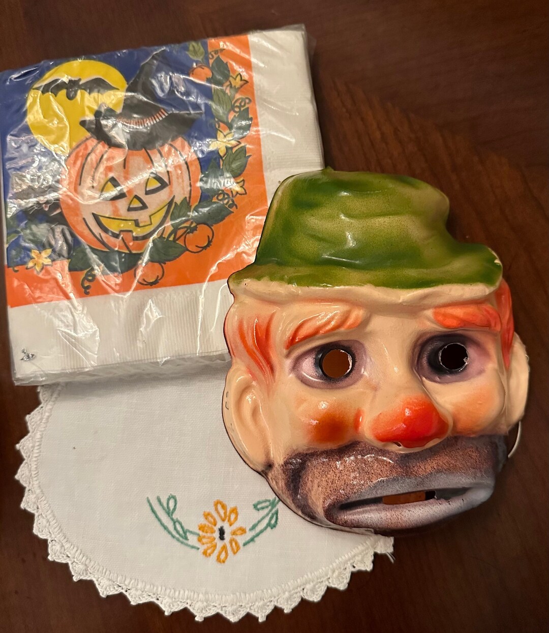 Vintage Halloween Clown Mask and Party Napkins NOS NIP Pumpkin Bat Reed ...