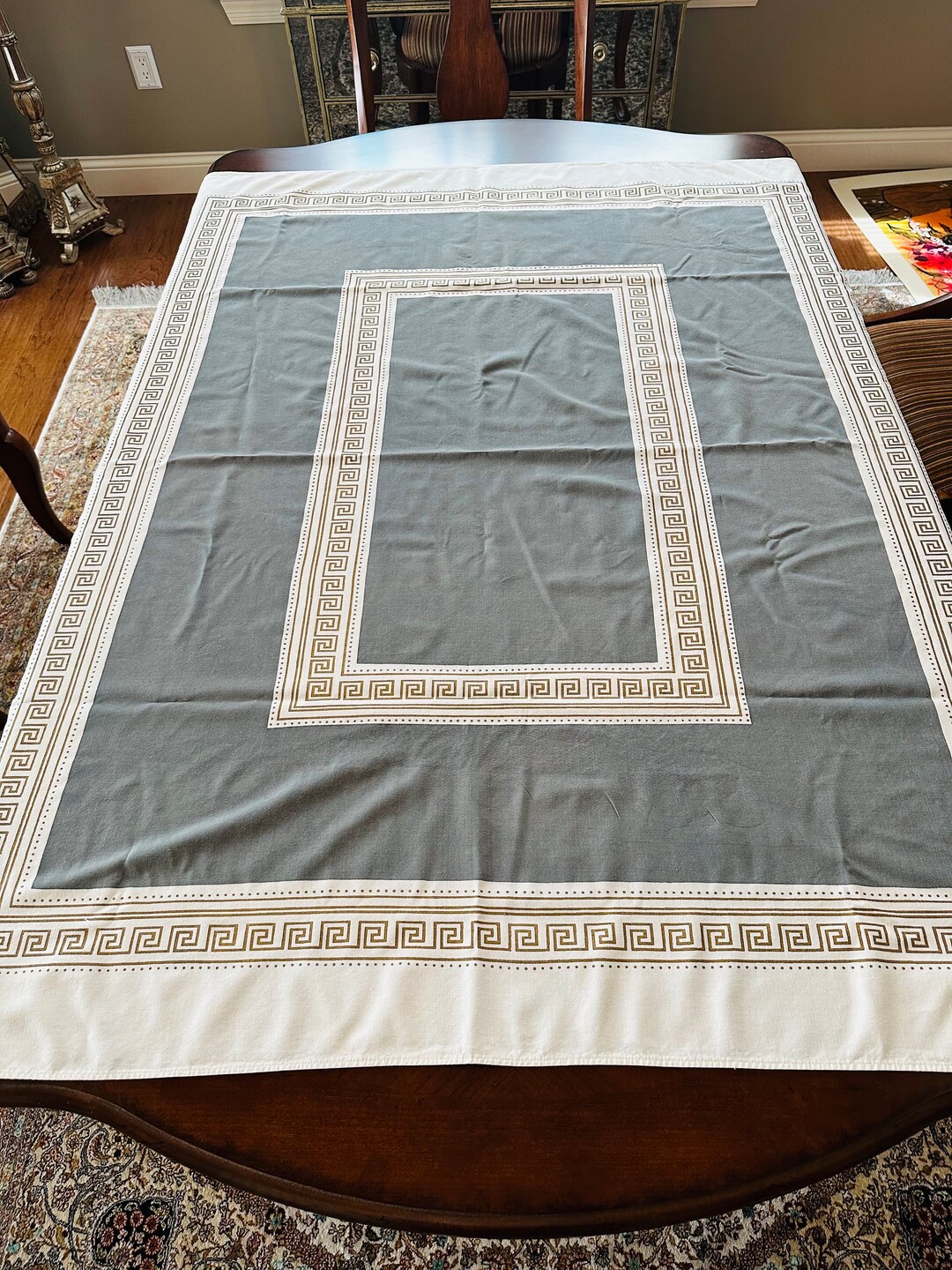 Vintage Tablecloth Greek Key Grey & Gold 51x61 - Etsy