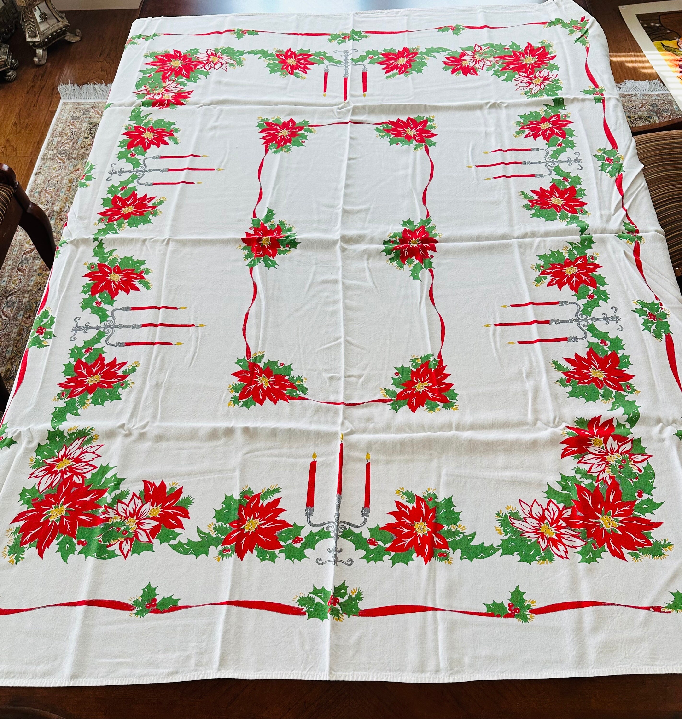 Vintage Tablecloths Christmas Poinsettias Pinecones Candles Holiday ...