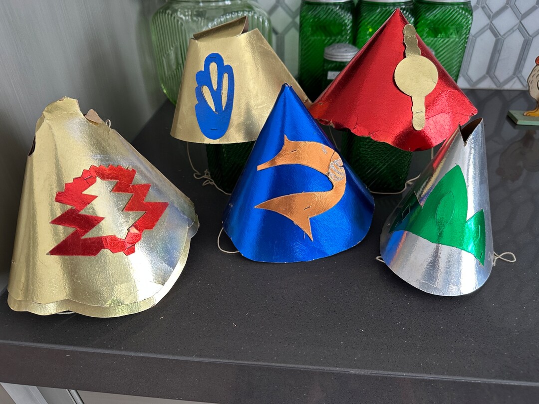 Vintage Birthday Party Hats Party Supplies Metallic Super Powers Set 6 ...