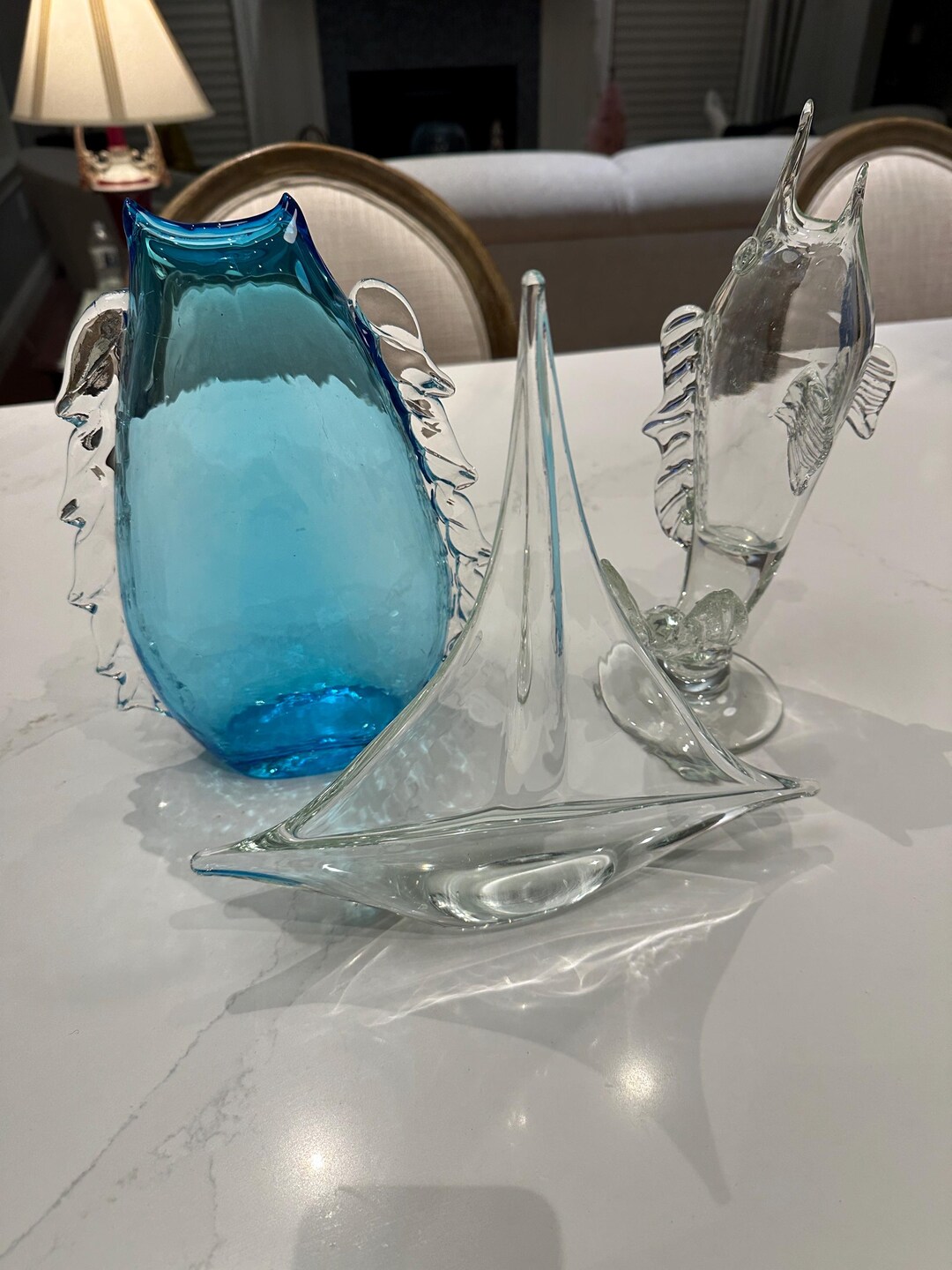 Vintage Pilgrim Glass Sailboat Blenko Blue Fish Fins Vase Clear Fish ...