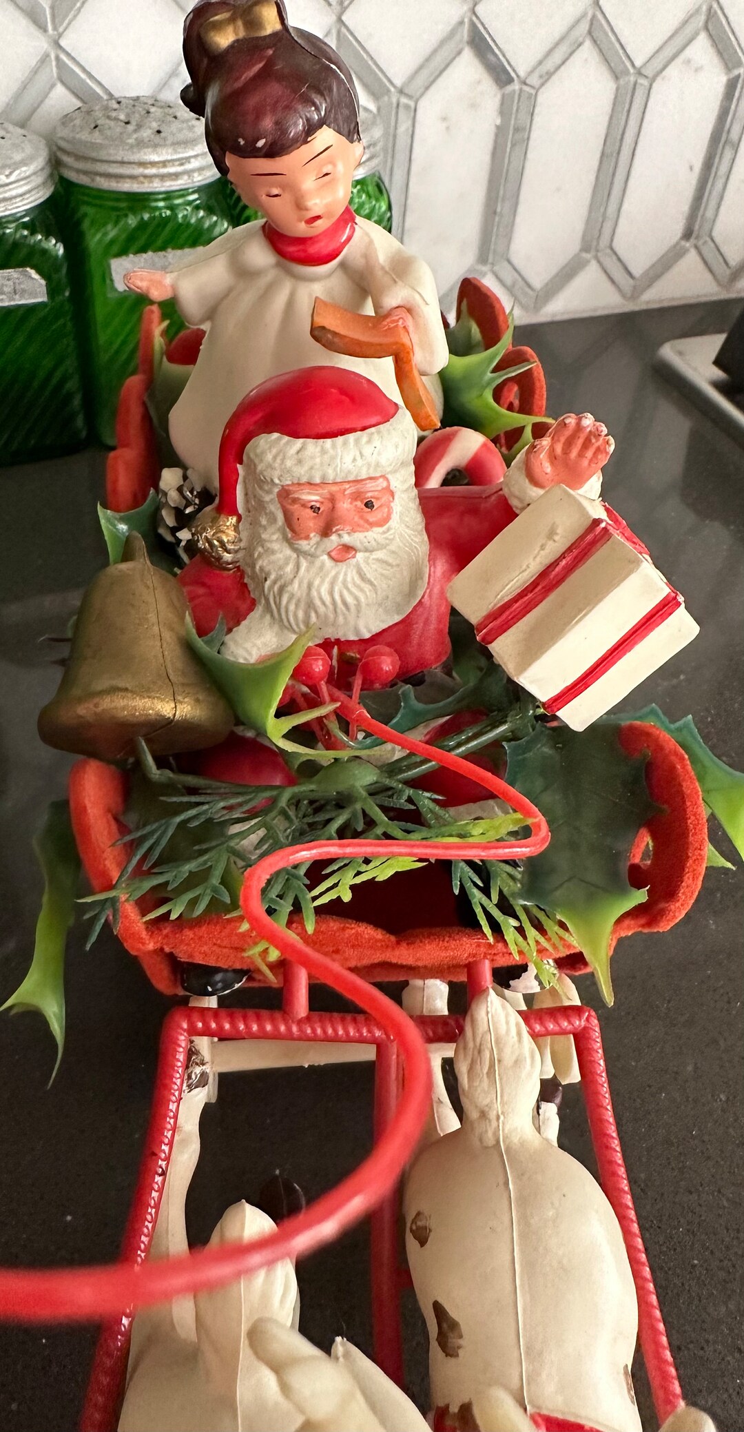 Vintage Santa in Sleigh With Reindeer and Angel Christmas Decor Flocked ...