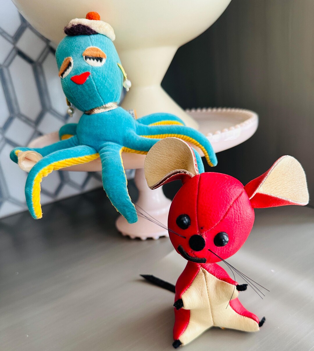 Vintage Dream Pets Octopus Velvet or Mouse Stuffed Figures Red Leather ...