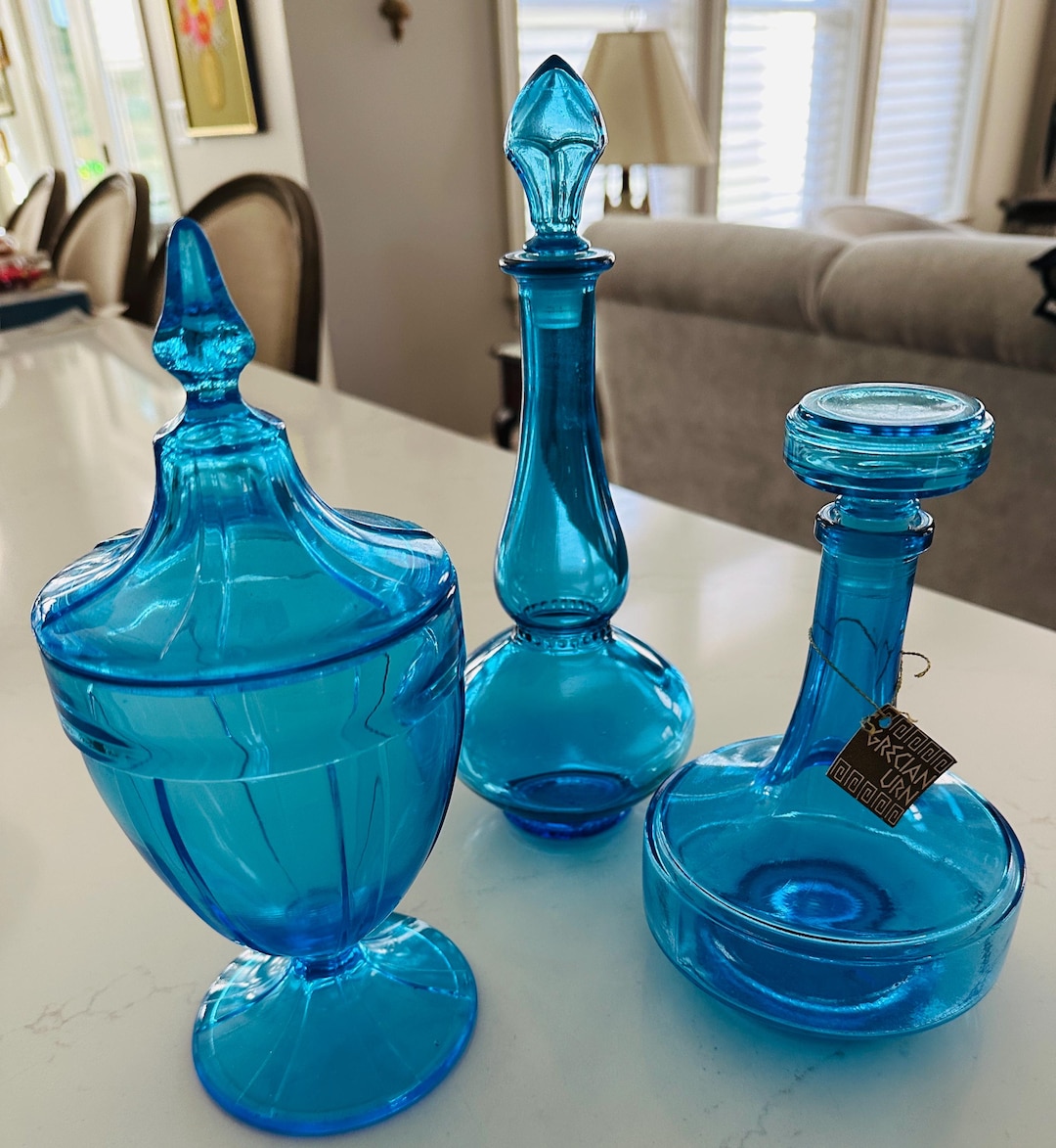 Vintage Blue Glass Candy Dish, Genie Bottle, Fuller Brush Urn - MCM ...