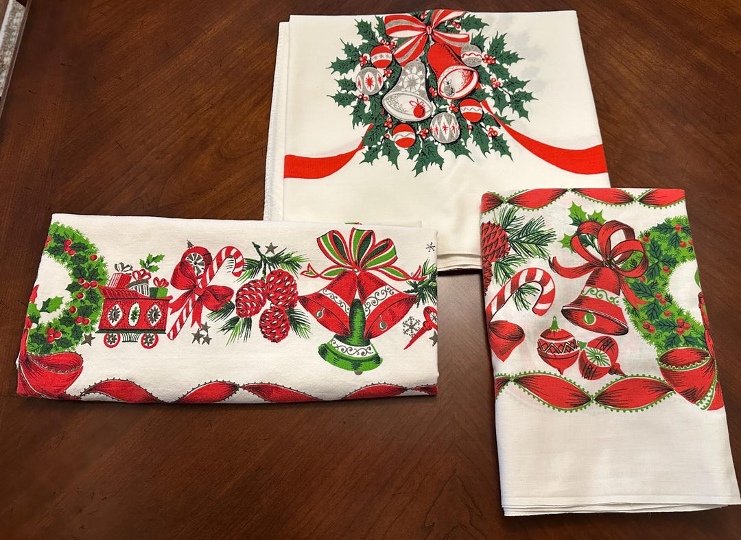 Vintage Tablecloth Christmas With Bells Candy Canes Christmas Tree ...