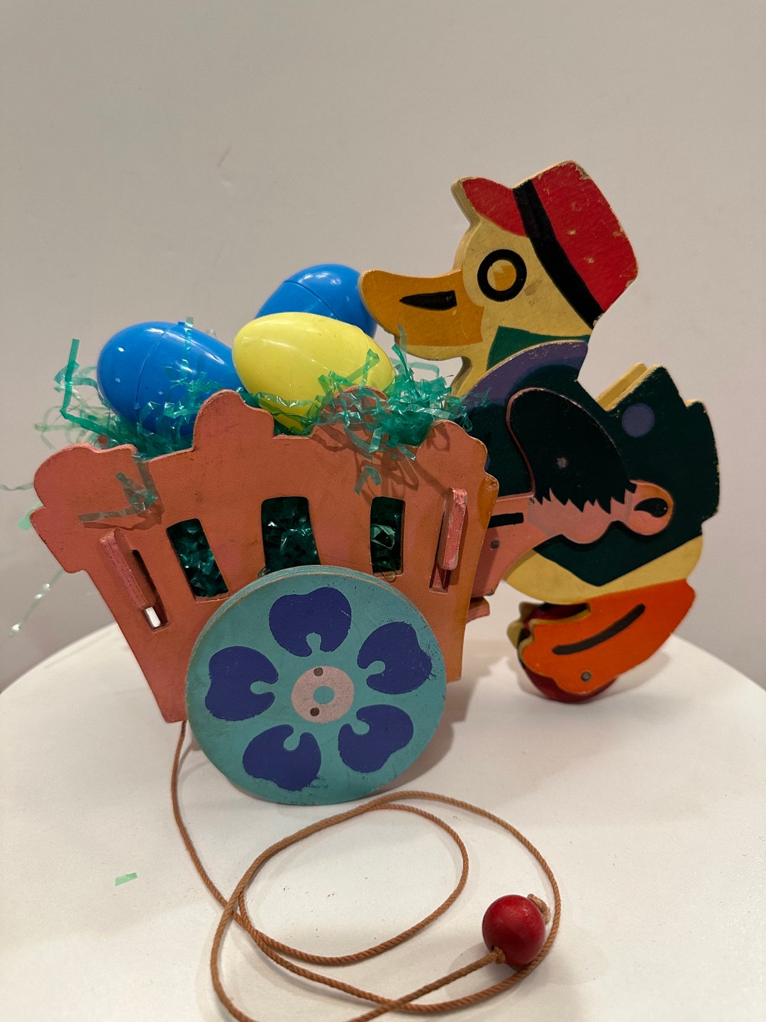 Vintage Easter Duck With Wagon Cart Pull Toy Folk Art Double Sided ...
