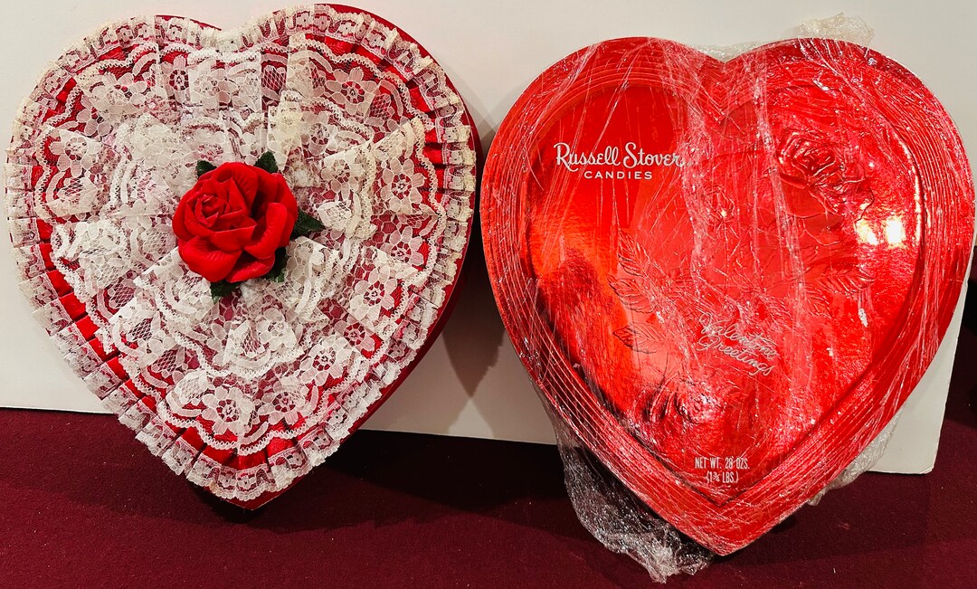 Vintage Heart Shaped Valentine Candy Boxes Metallic Red Lace Covered Top Russell Stover Etsy