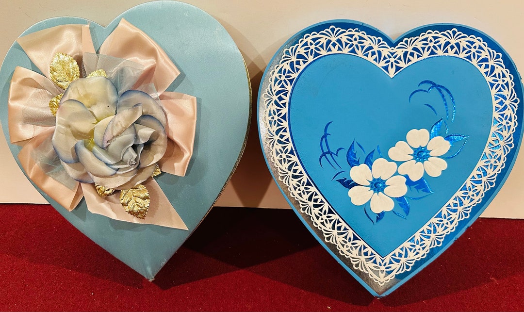 Vintage Heart Shaped Valentine Candy Boxes Metallic Embossed Blue Floral Ribbon Etsy