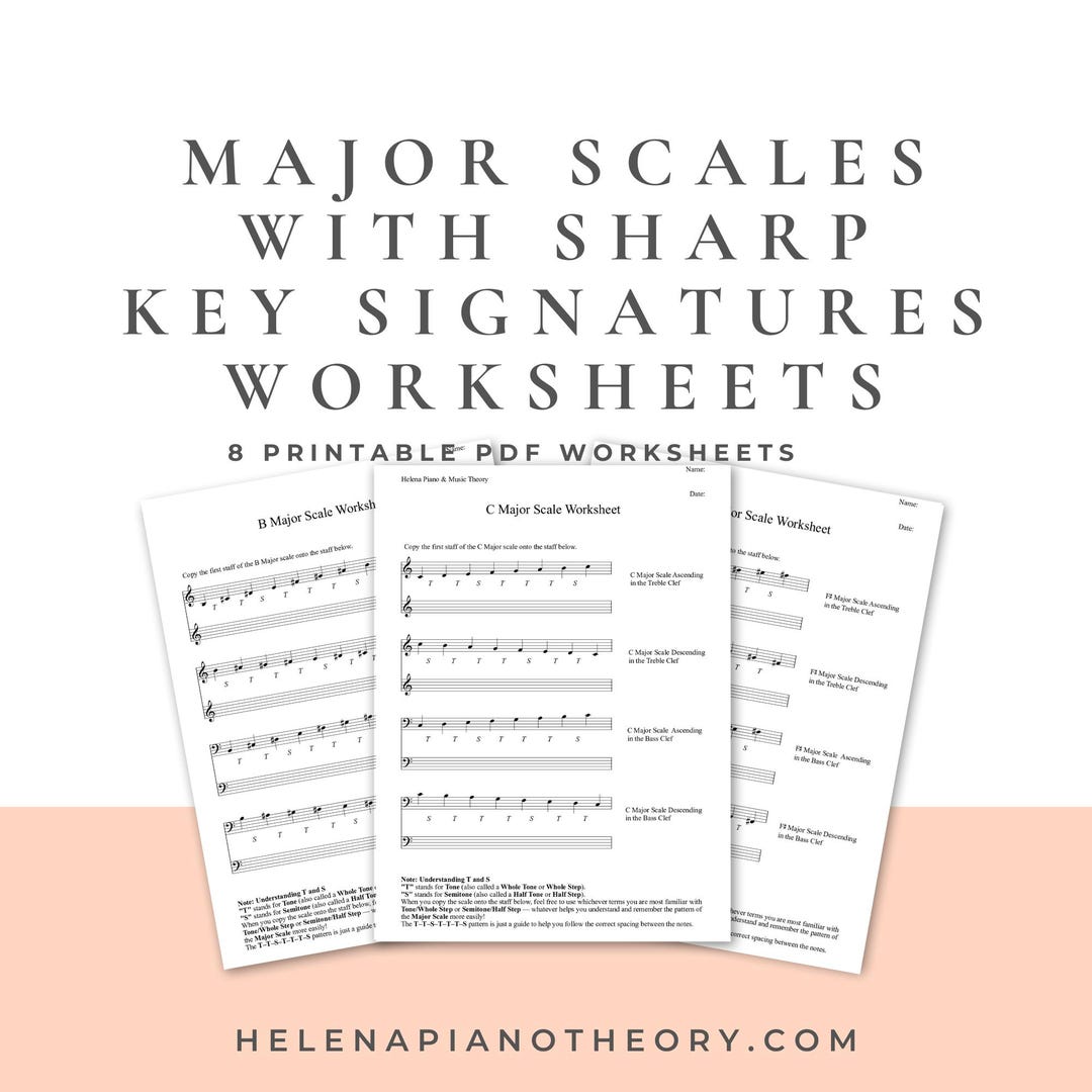 Major Scales With Sharp Key Signatures Worksheet Set: 8 Major Scale ...