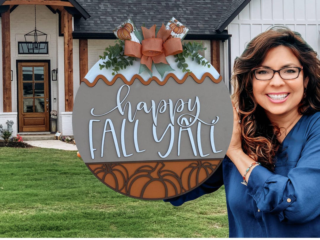 Happy Fall Y’all Pumpkin Door Sign - Farmhouse Fall Front Door Hanger ...