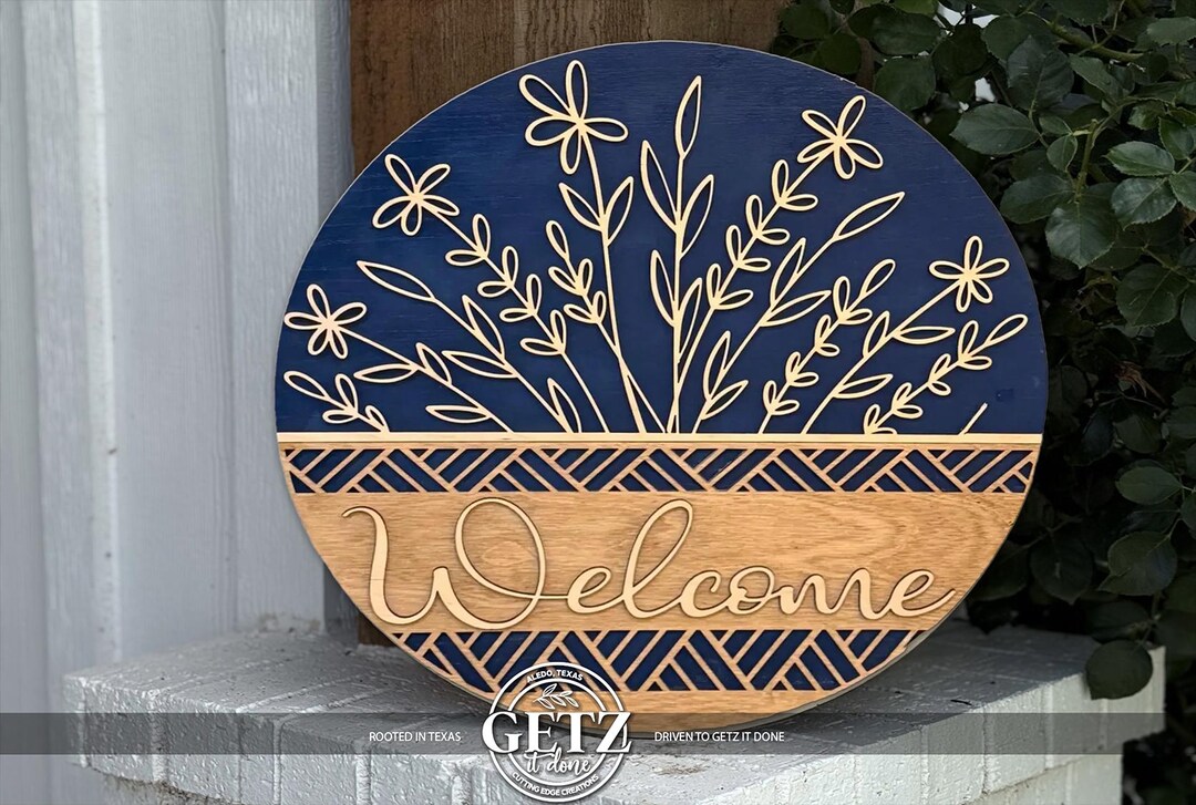 Welcome Floral Door Sign | Round Wood Welcome Sign | Laser Cut Floral ...