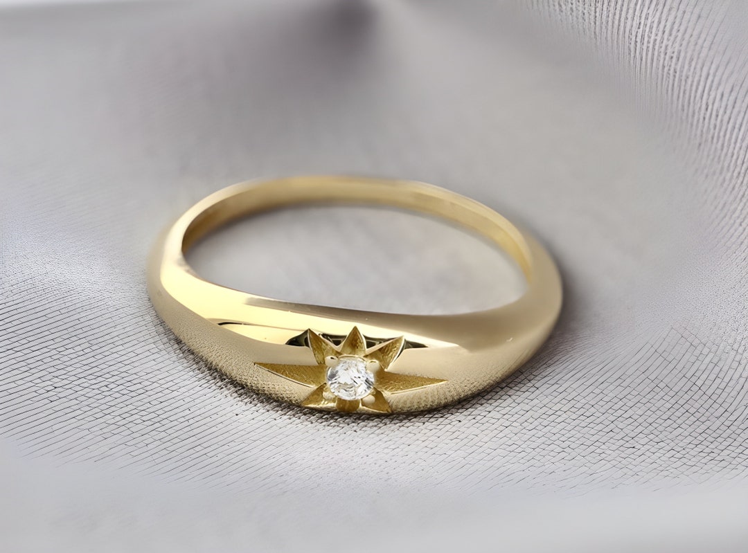 10k Gold Diamond Starburst Ring, Signet Solid Gold Stars Ring, Single ...