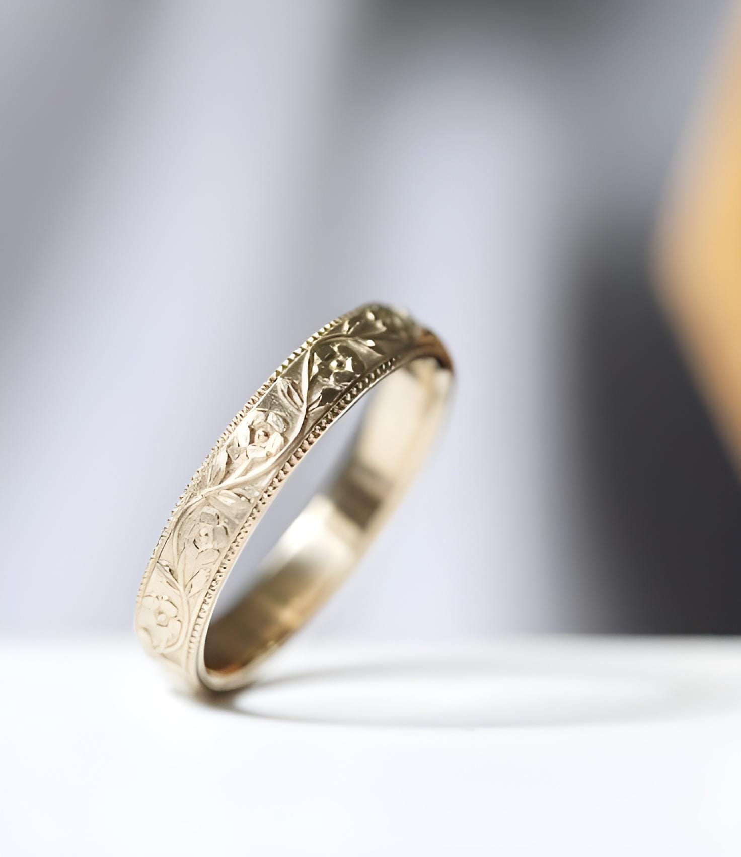 10k Gold Flower Ring,engraved Leaf Nature Inspired Pattern Ring,unique ...