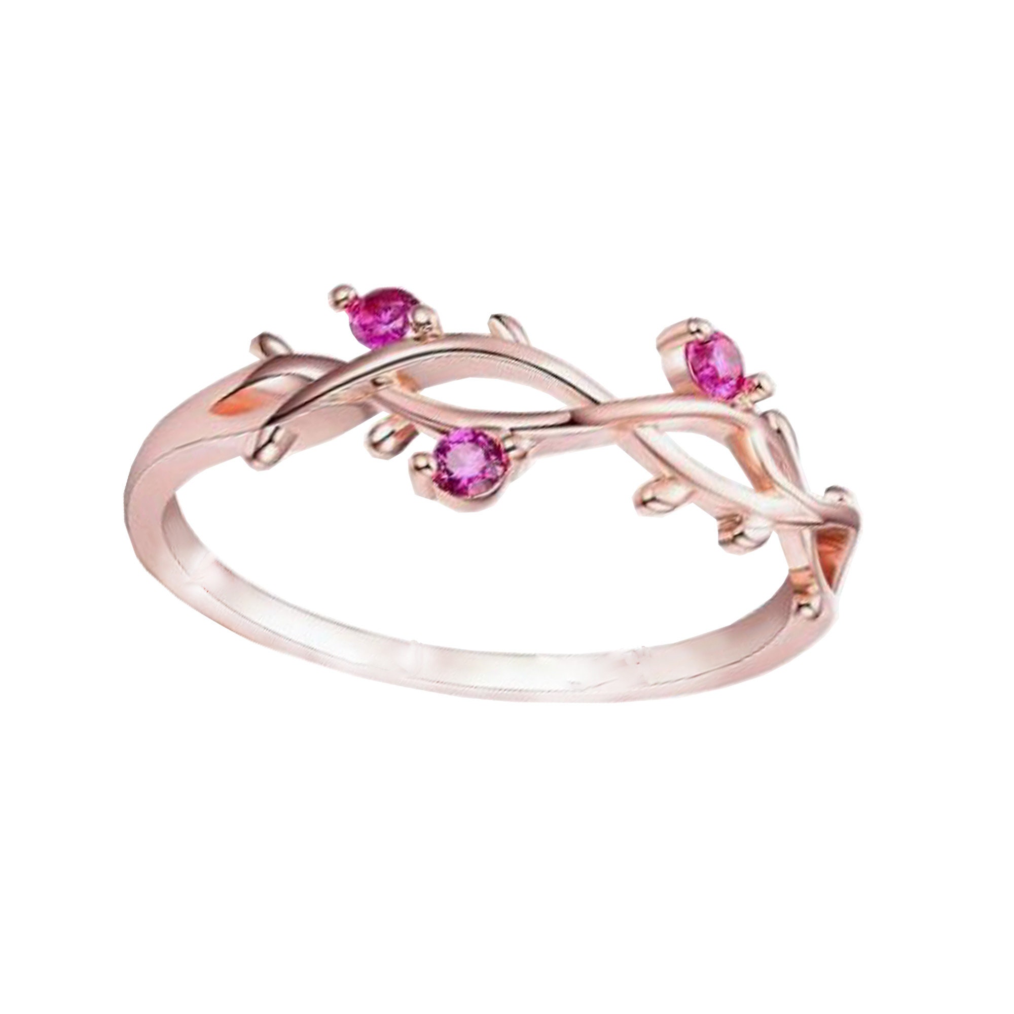 10K Solid Gold Olive Branch Ring, Round Cut Ruby Stackable Olive Branch ...