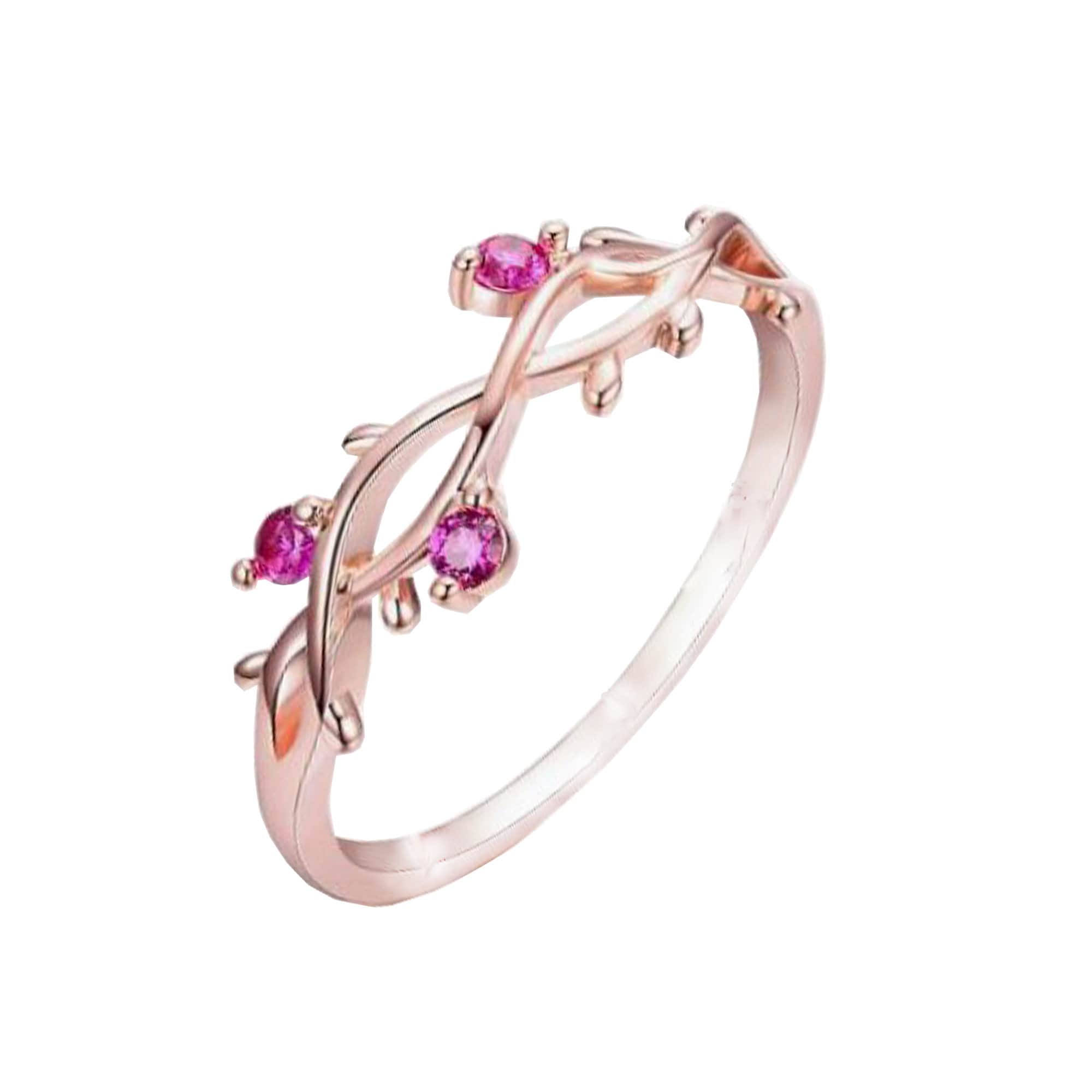 10K Solid Gold Olive Branch Ring, Round Cut Ruby Stackable Olive Branch ...