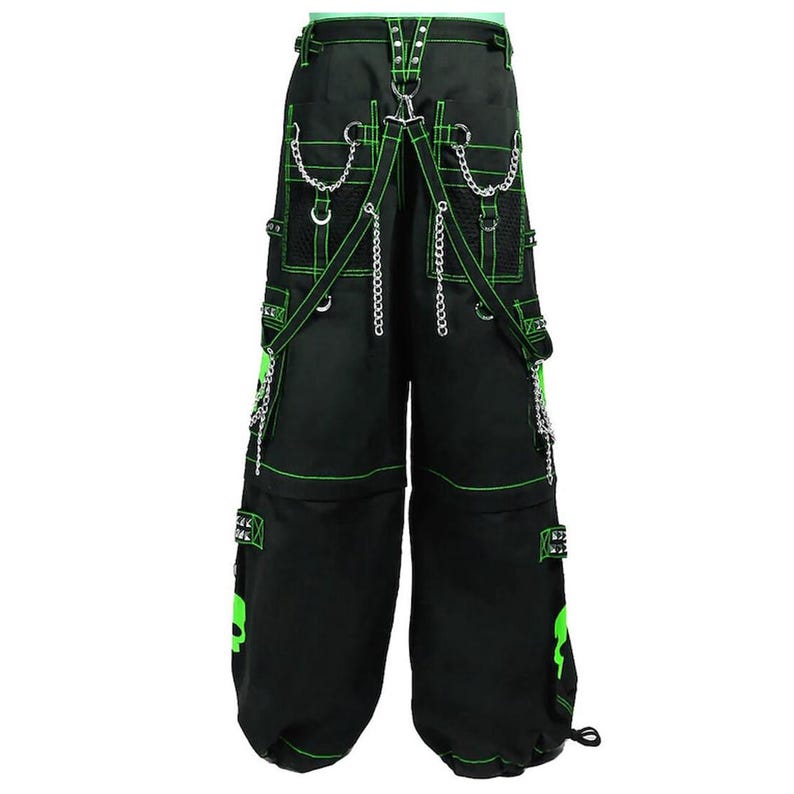 Green Skull and Bones Black Goth Pant, Post Apocalyptic Pant, Cyberpunk ...