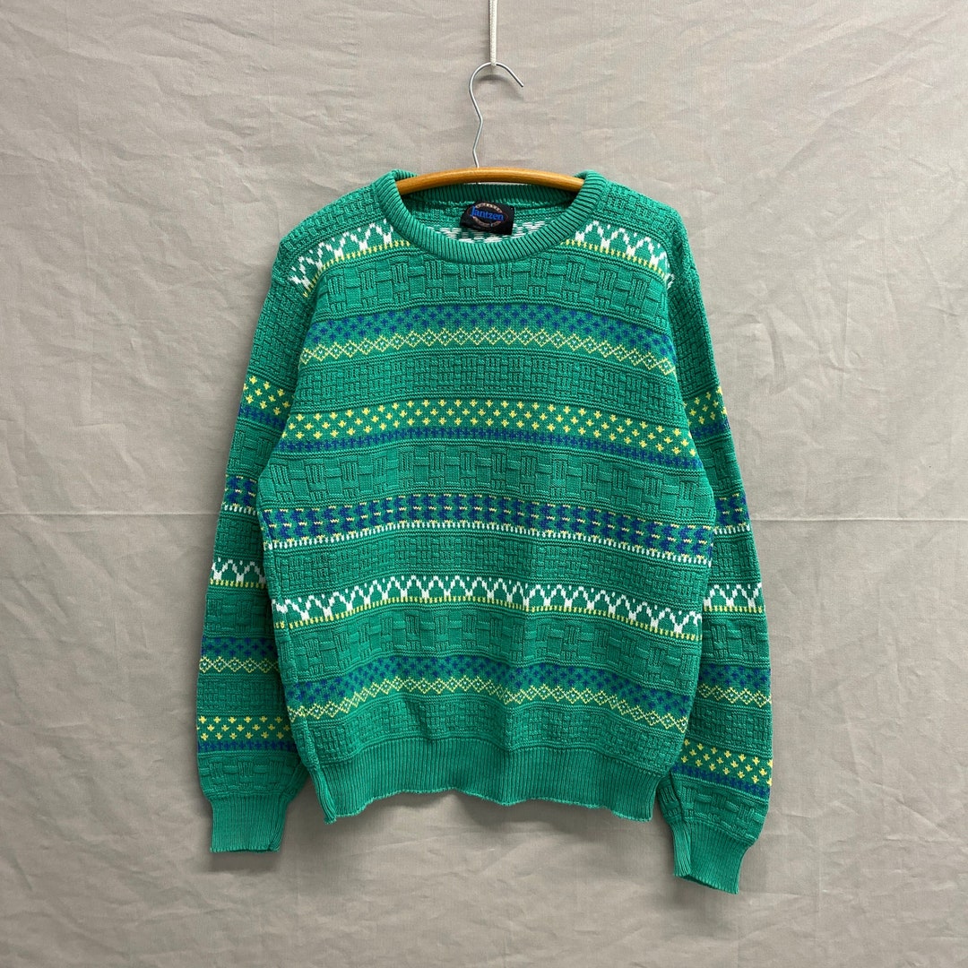 Large / 1990s Jantzen Sweater 100% Cotton 3D Knit Green Multi Color ...