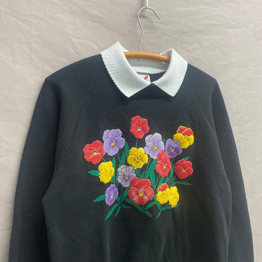 Large / 1980s Flowers Black/white Inset Collar Cute Crewneck Sweatshirt ...