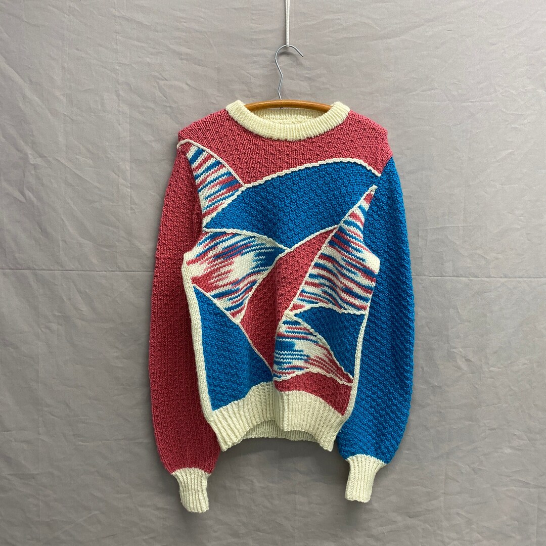 Large / 1980s Abstract Acrylic Pastel Pink/blue Retro White Knitted ...