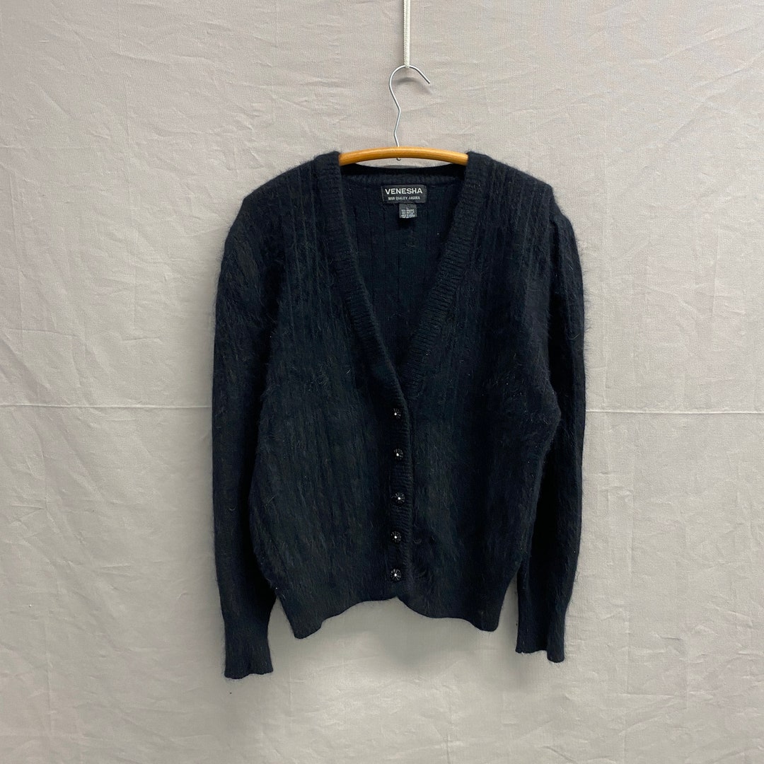 Large / Vintage Venesha Angora Rabbit Fur Fuzzy Black Cardigan Sweater ...