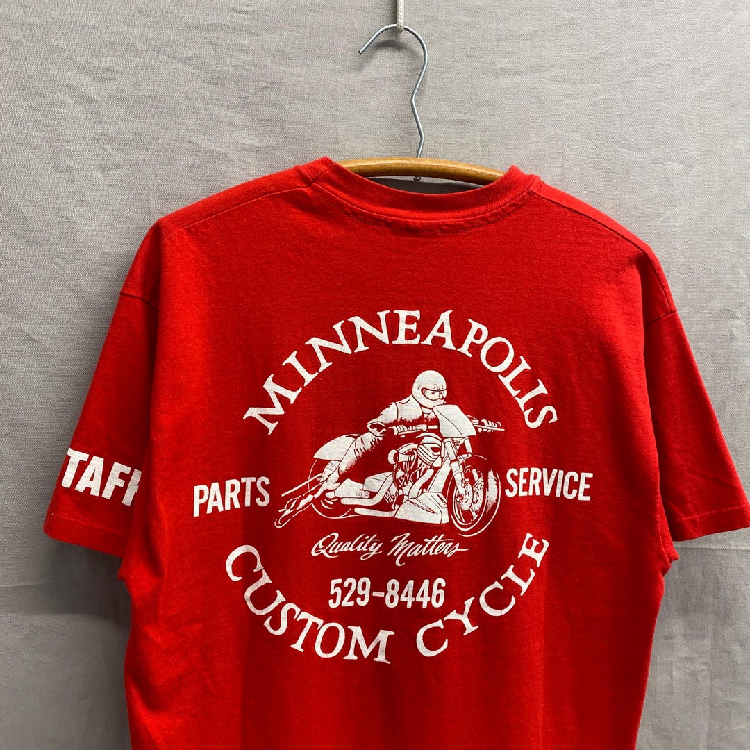 Large / 1980s Minneapolis Custom Cycle Parts Service Red Staff T Shirt ...