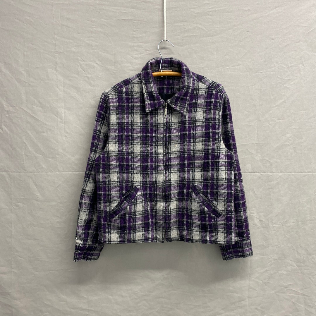Large / Vintage Purple Plaid Wool Nylon Inner Lined Full Zip Collared ...