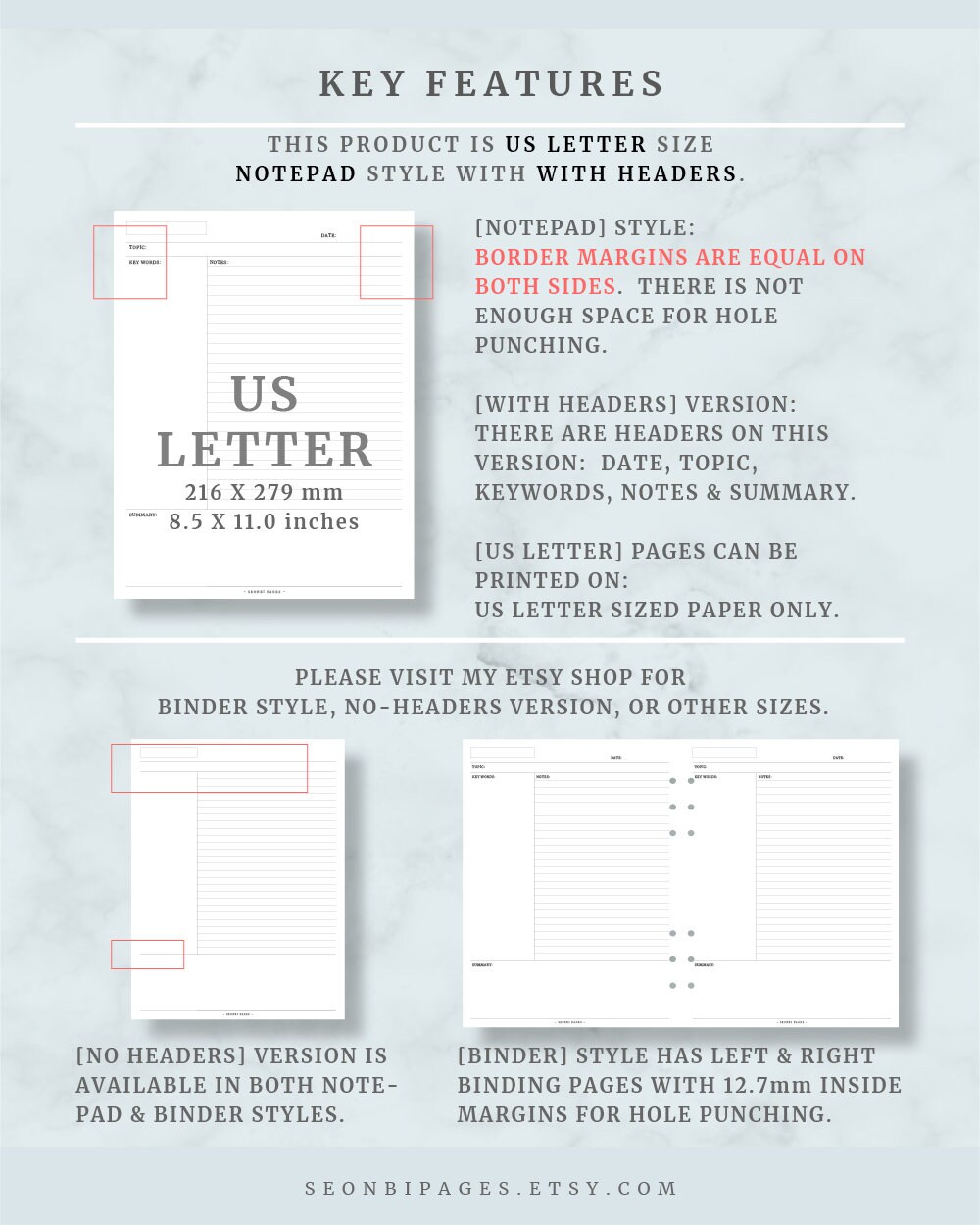 US Letter Size, Printable Cornell Notes, Notepad Version,with Headers ...