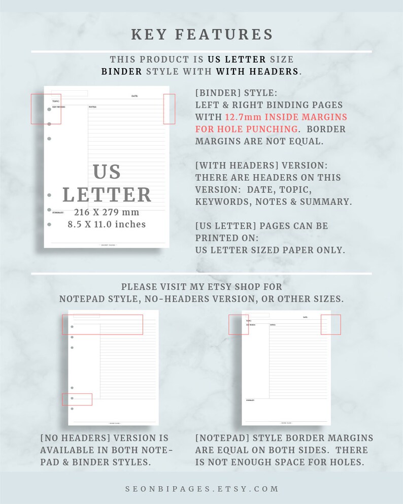 US Letter Size, Printable Cornell Notes, Binder Version,with Headers ...