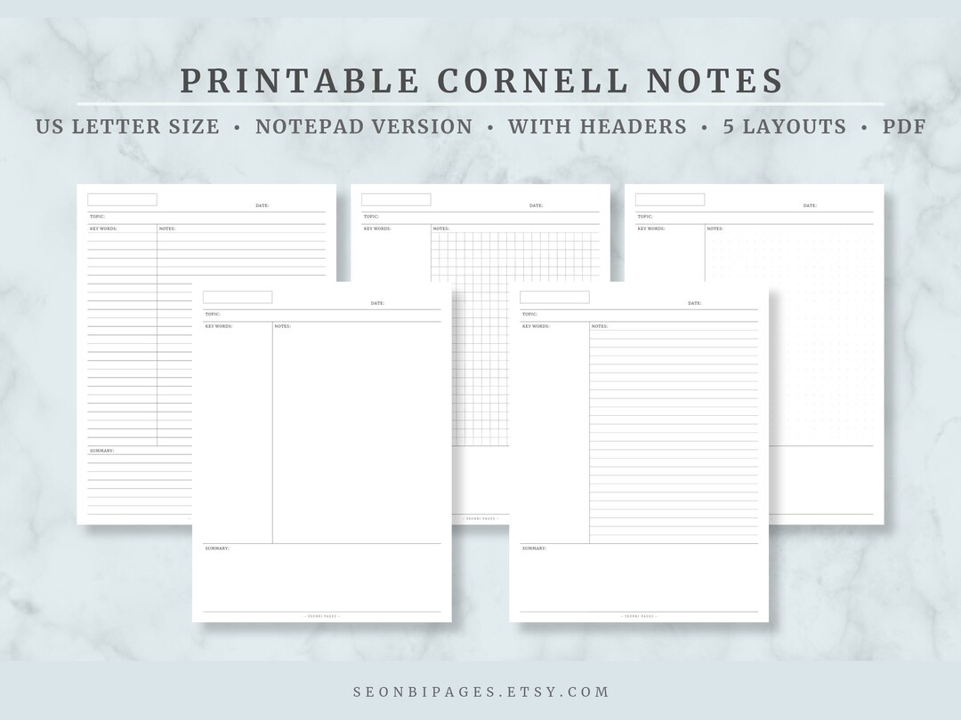 US Letter Size, Printable Cornell Notes, Notepad Version,with Headers ...