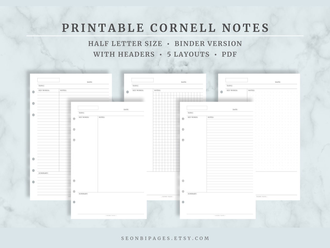 Half Letter Size,printable Cornell Notes,binder Version,with Headers ...
