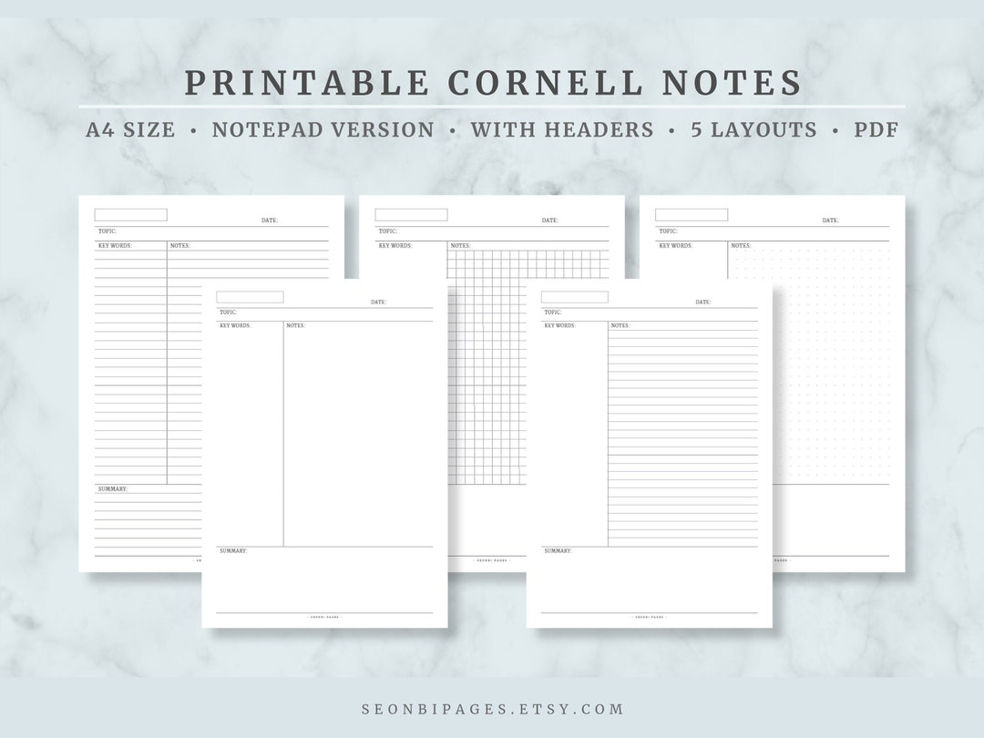 A4 Size, Printable Cornell Notes, Notepad Version, With Headers ...