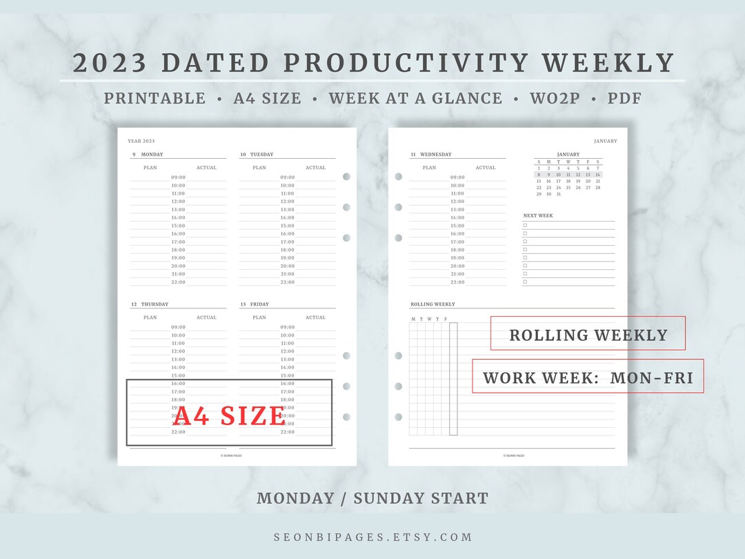 2023 Productivity Weekly Planner Printable, A4 Size, Dated, Rolling ...