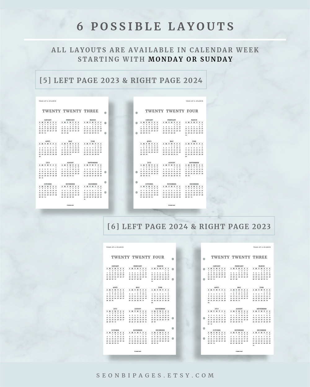 2023-2024 Yearly Calendar Printable, Half Letter Size, Monday & Sunday ...