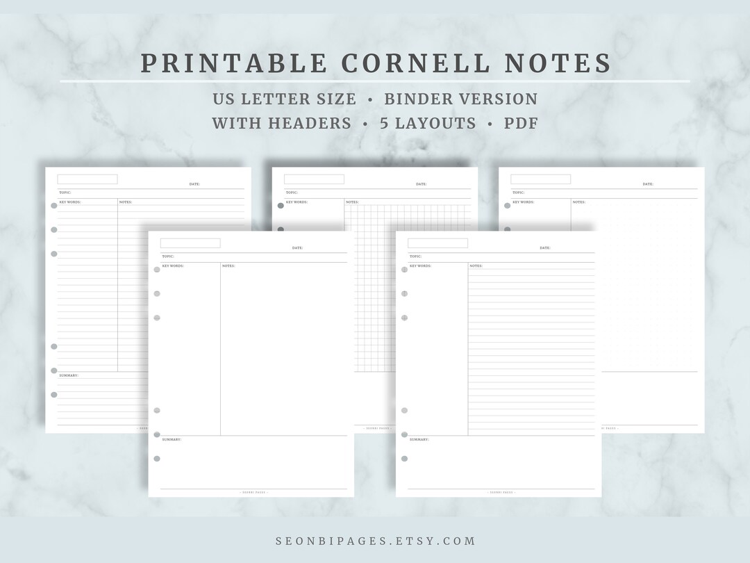 US Letter Size, Printable Cornell Notes, Binder Version,with Headers ...